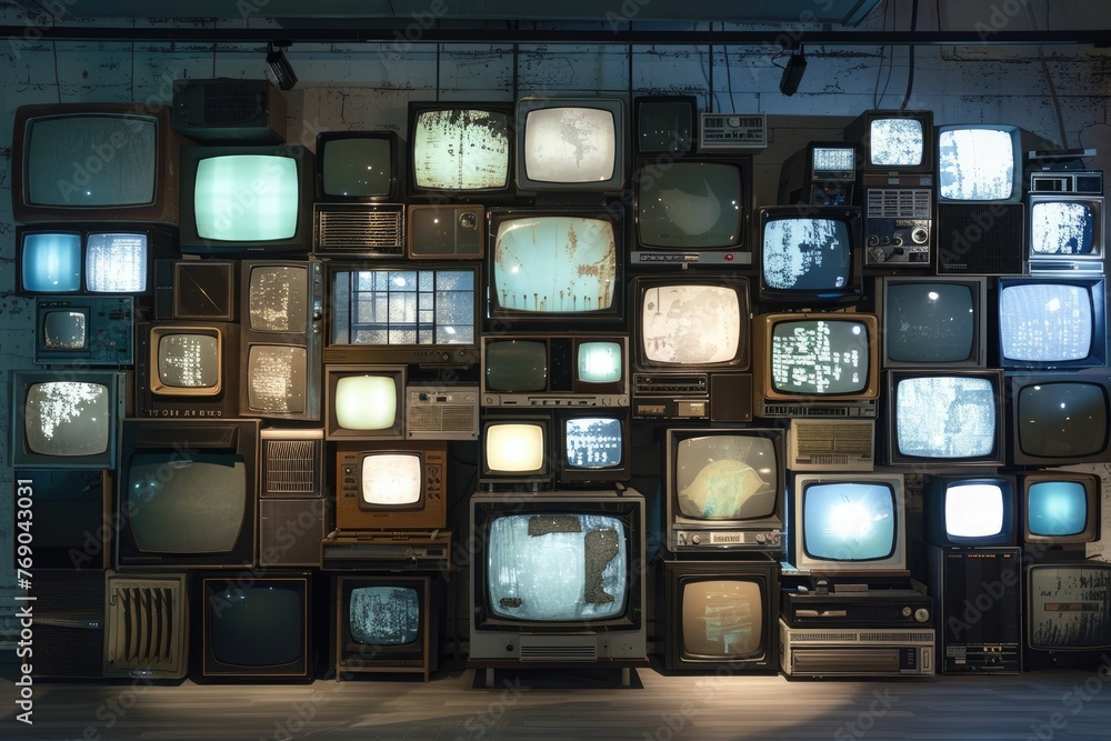 Illuminated vintage televisions in dark room - A variety of vintage TV screens glowing in the ...