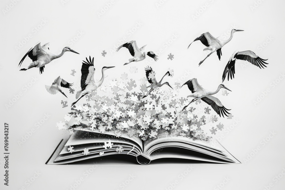 Birds flying out of open book - A creative representation of birds ...
