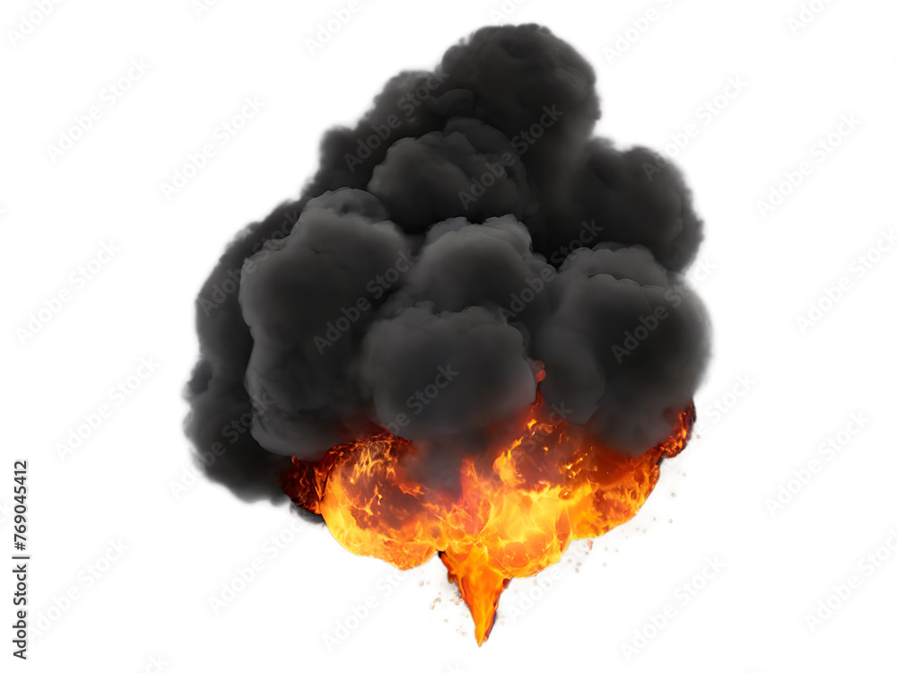 A dramatic and intense PNG image of a large fireball with black smoke ...