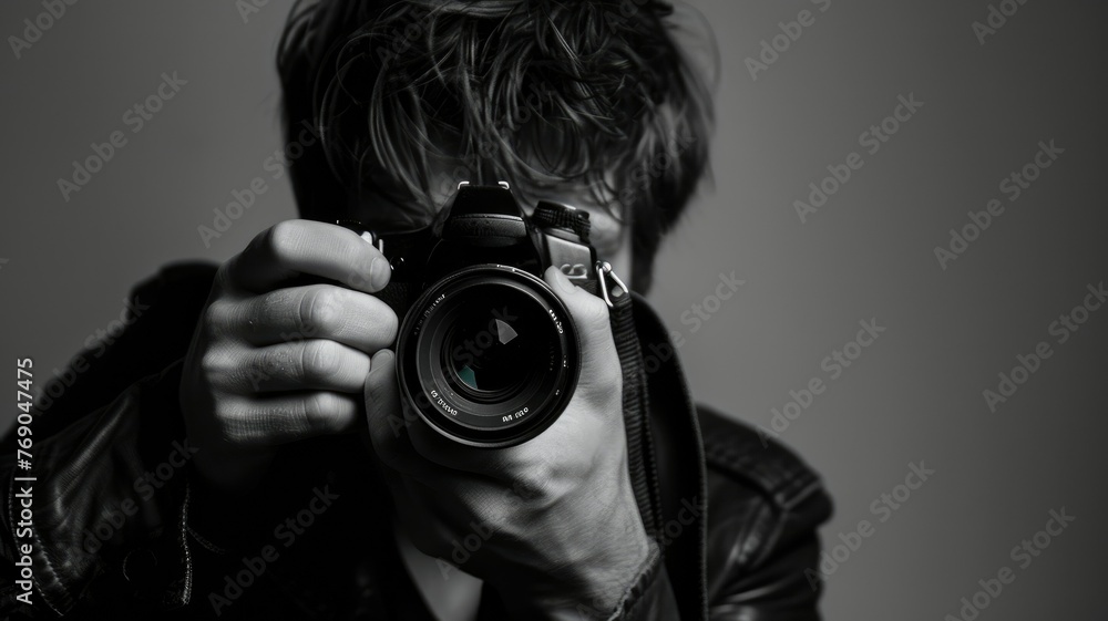 Photographer taking aim with camera - A close-up of a photographer ...