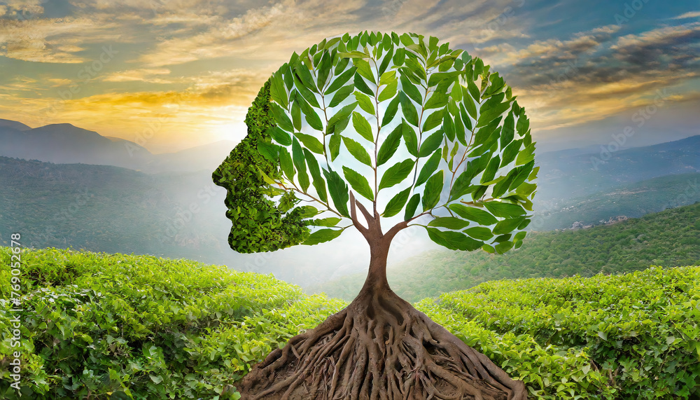 Human head shaped as a tree with green leaves and mountains in the ...