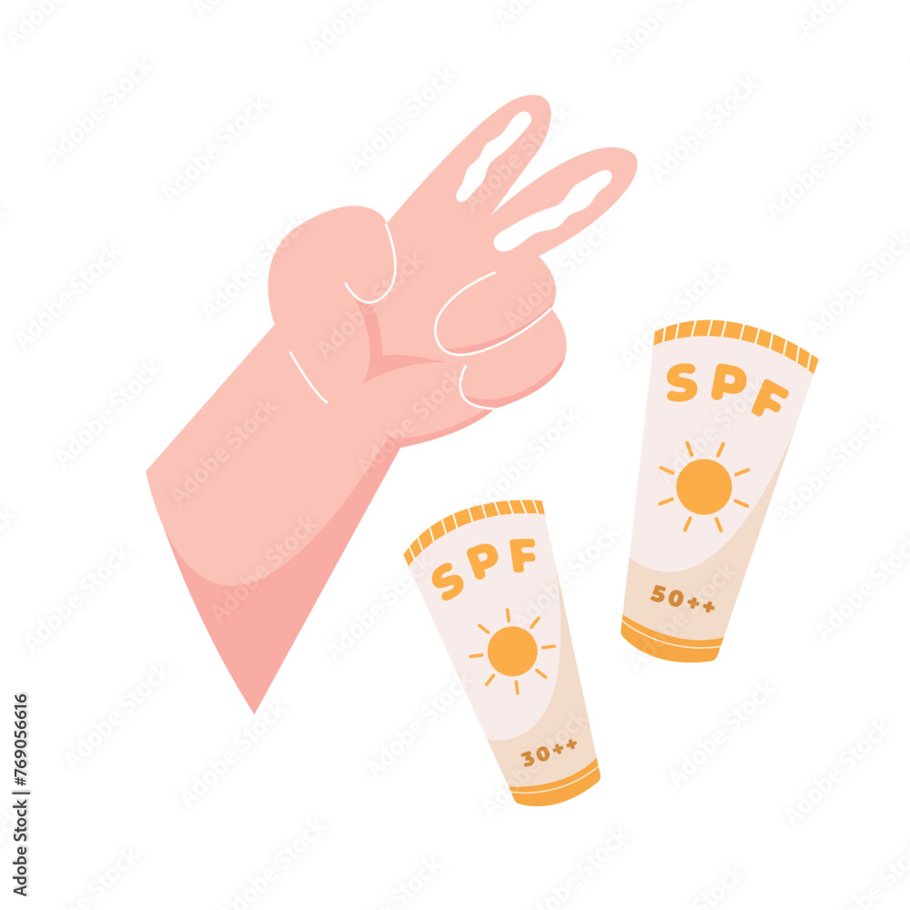 Flat Vector illustration of a hand with SPF cream on two fingers and ...