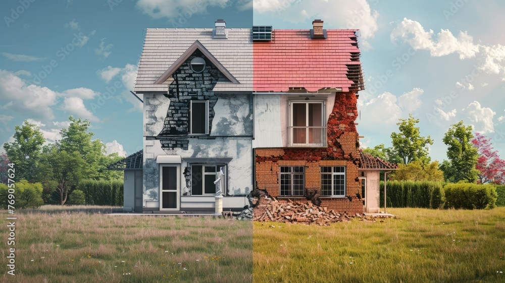 Half renovated modern-rustic house in field - A split-view of a house ...