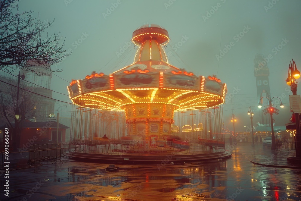 Eerie image of an empty carousel enveloped in fog, creating a sense of ...