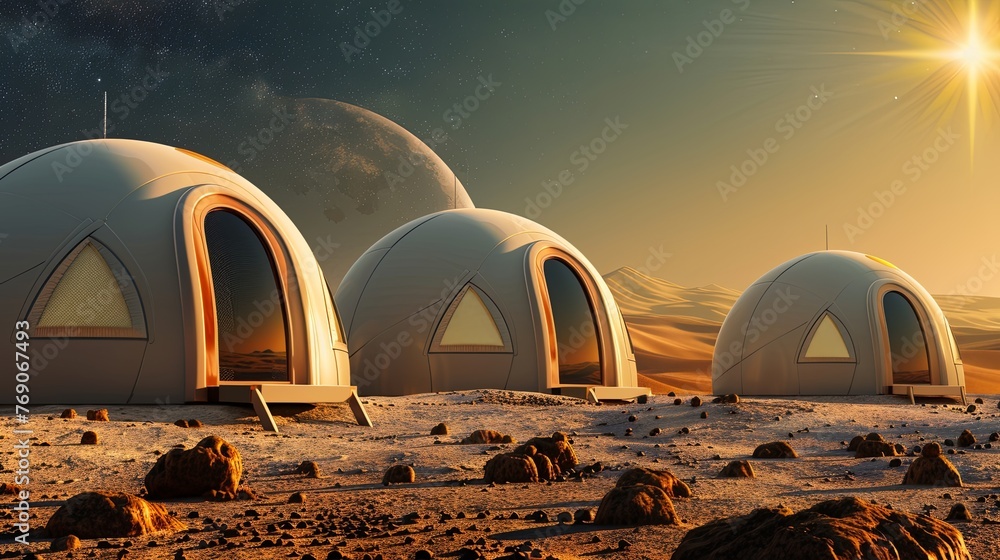 The single-story domed houses are on a rocky surface and have a window ...
