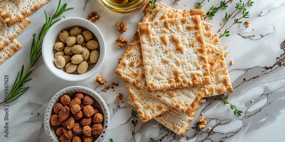On a table on a plate lies matzo - thin unleavened flatbread, nuts ...