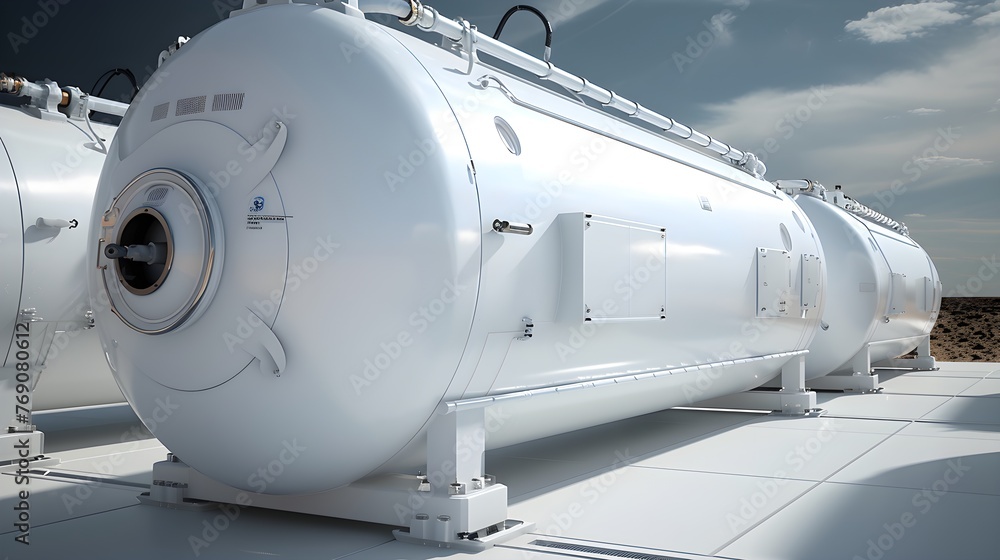 Opened white barrel for storage of compressed hydrogen. Hydrogen fuel ...