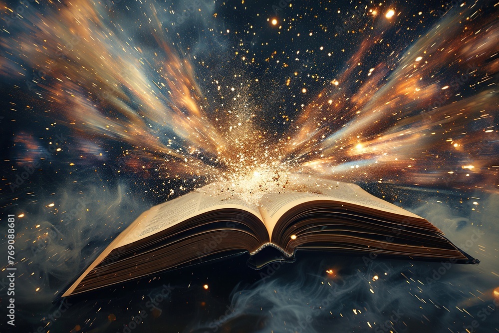 Expansion of knowledge, featuring an open book surrounded by a burst of radiant light. The ...