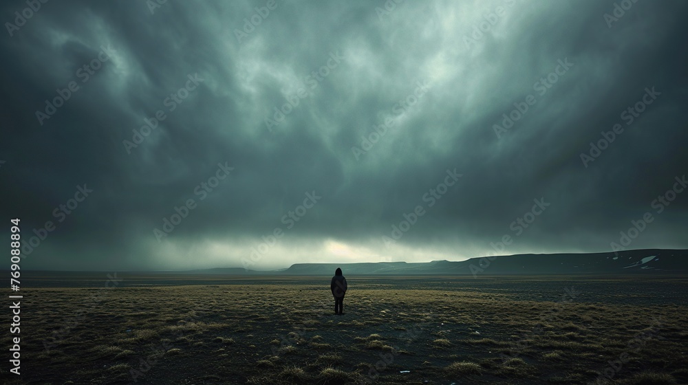 Person standing alone in a vast, desolate landscape with a stormy sky ...