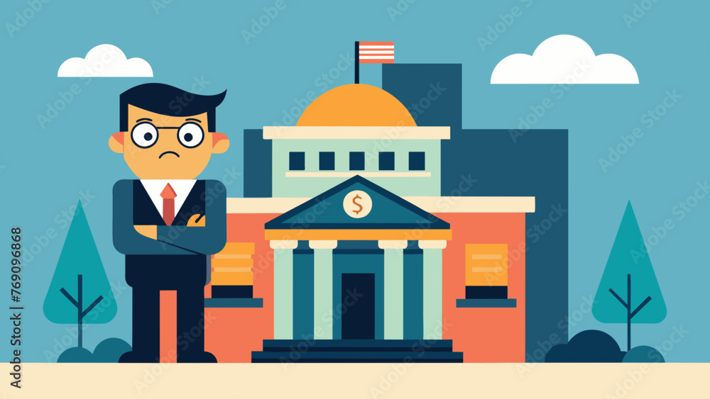 A cartoon illustration of a taxpayer facing off against a giant looming ...