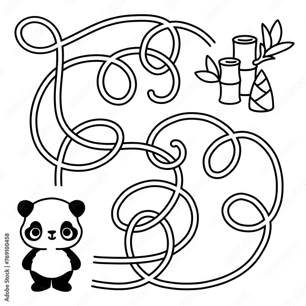 Find a way from cute panda to the tasty bamboo. Simple maze game. Black ...