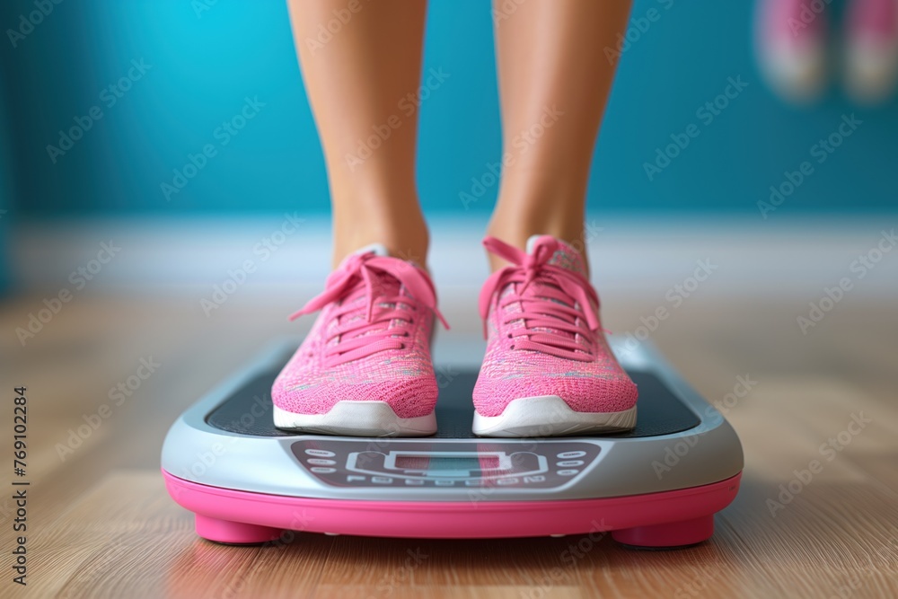 Slender female legs in pink sneakers on technological floor scales. A ...