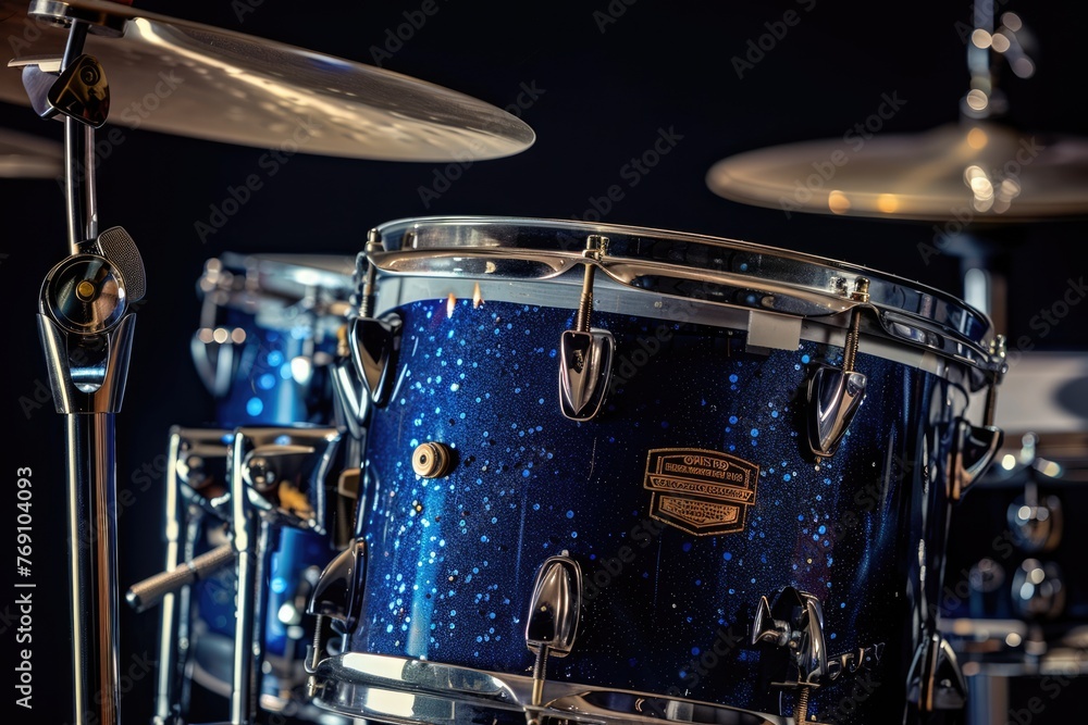 Blue drum set closeup on black background. Musical drum kit in studio ...
