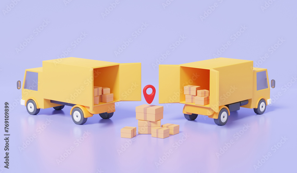 Delivery parcels yellow truck fast speed on model road home and office ...