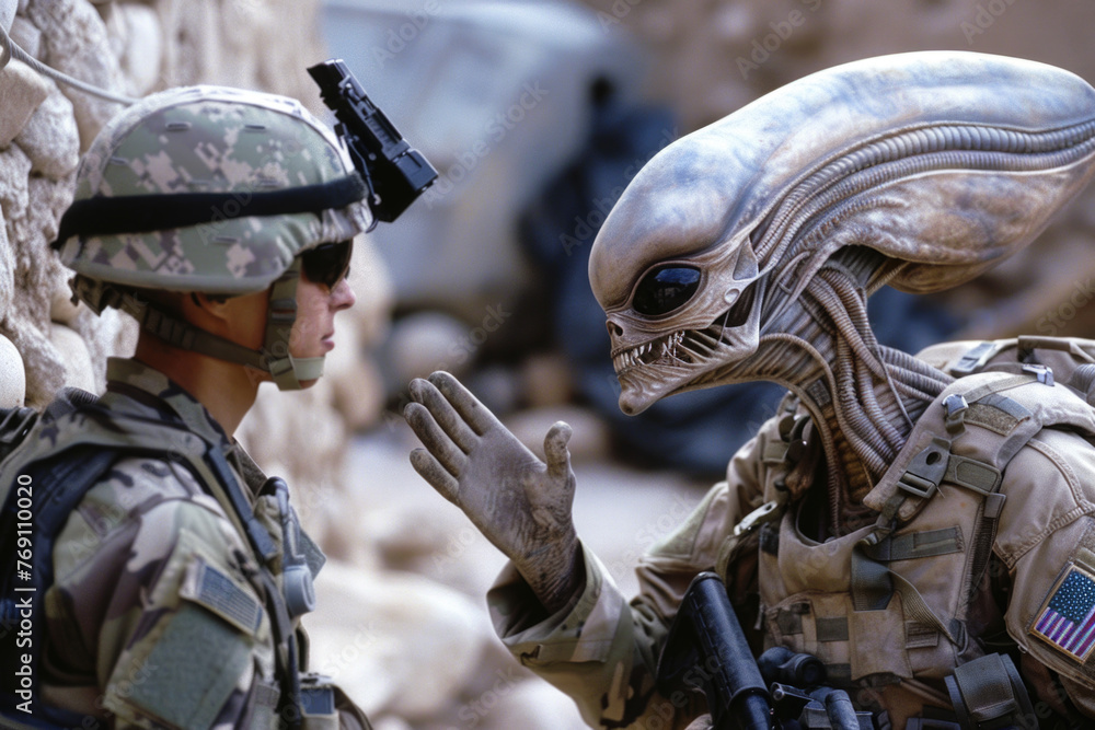 Soldiers in full gear communicate with aliens through gestures. Stock ...