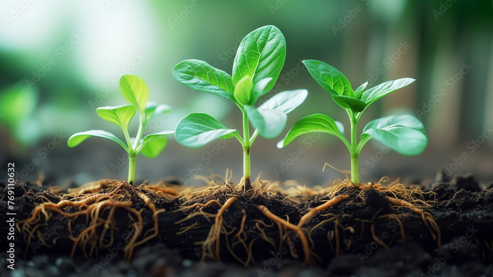 Section through soil showing the newly developed root system and leaves ...