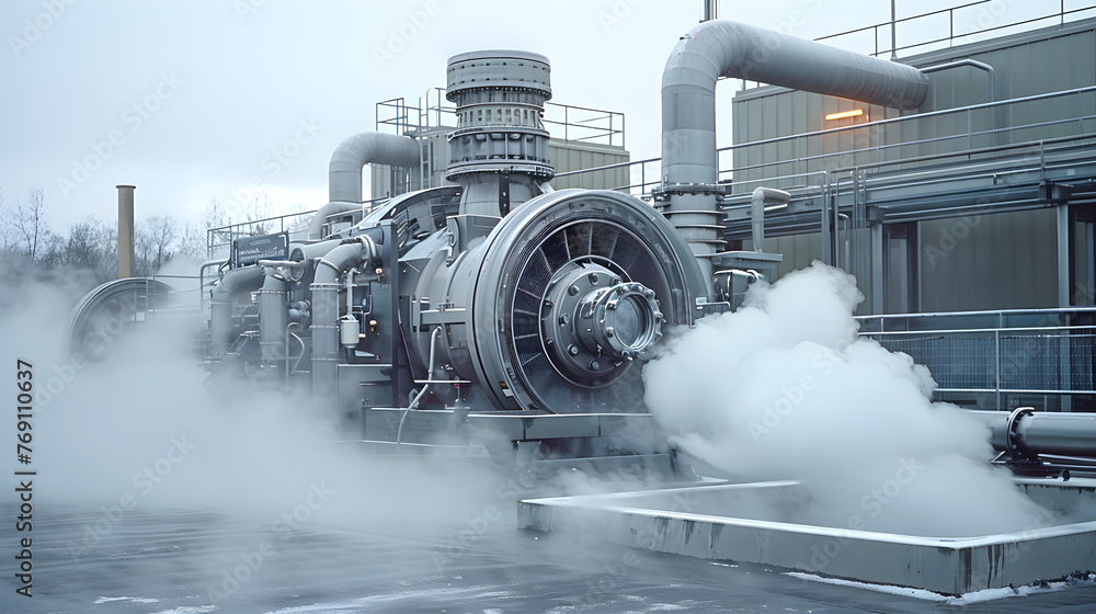 Geothermal energy. Close-up of one of the turbines of geothermal power ...