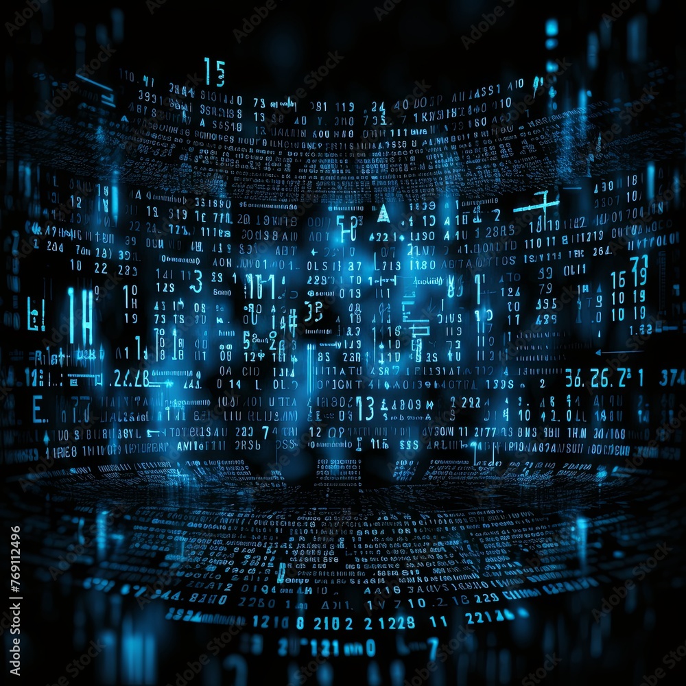 Binary code, frontal view, screen, solid black background, tech ...