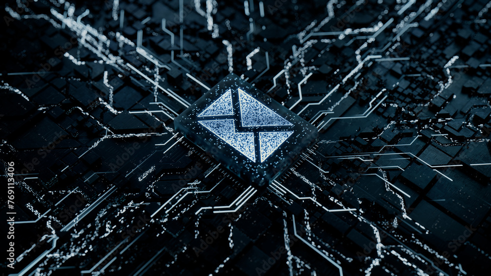 Email Technology Concept with Envelope symbol on a Microchip. Data ...