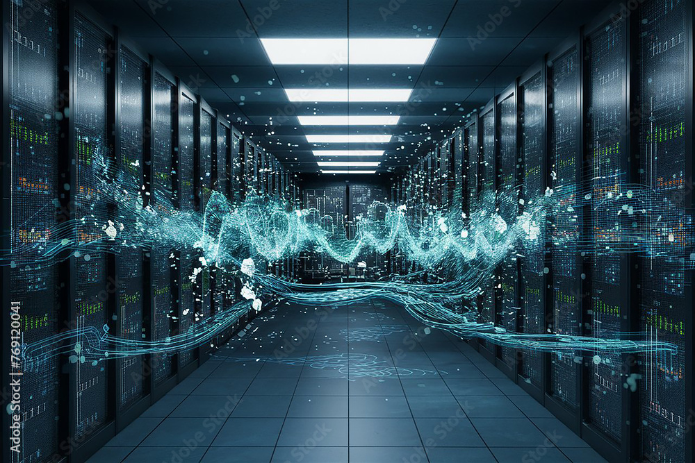 Contemporary Data Infrastructure Hub Housing Server Racks in Dimly Lit ...