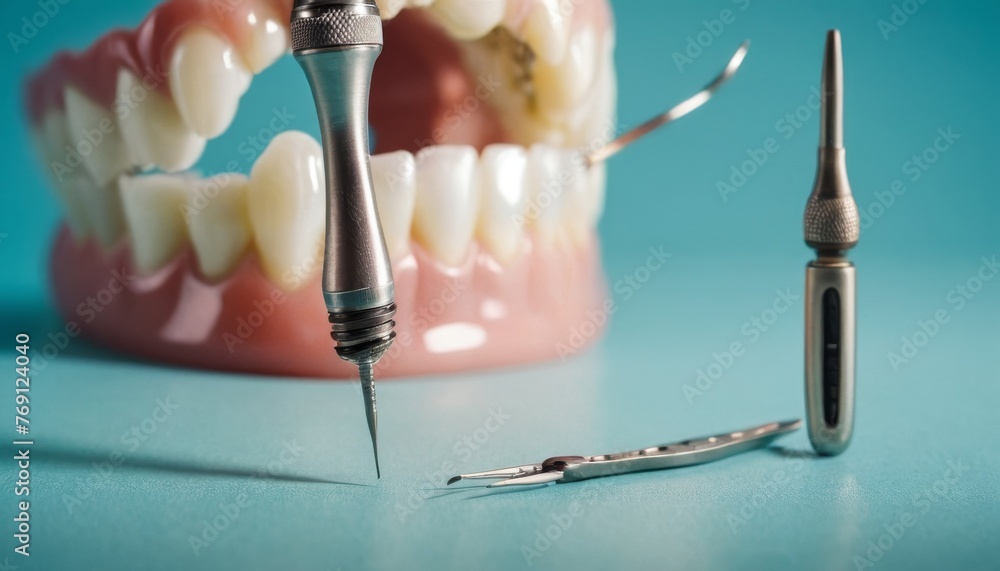 Detailed dental implant tools lay beside a full teeth model, showcasing ...