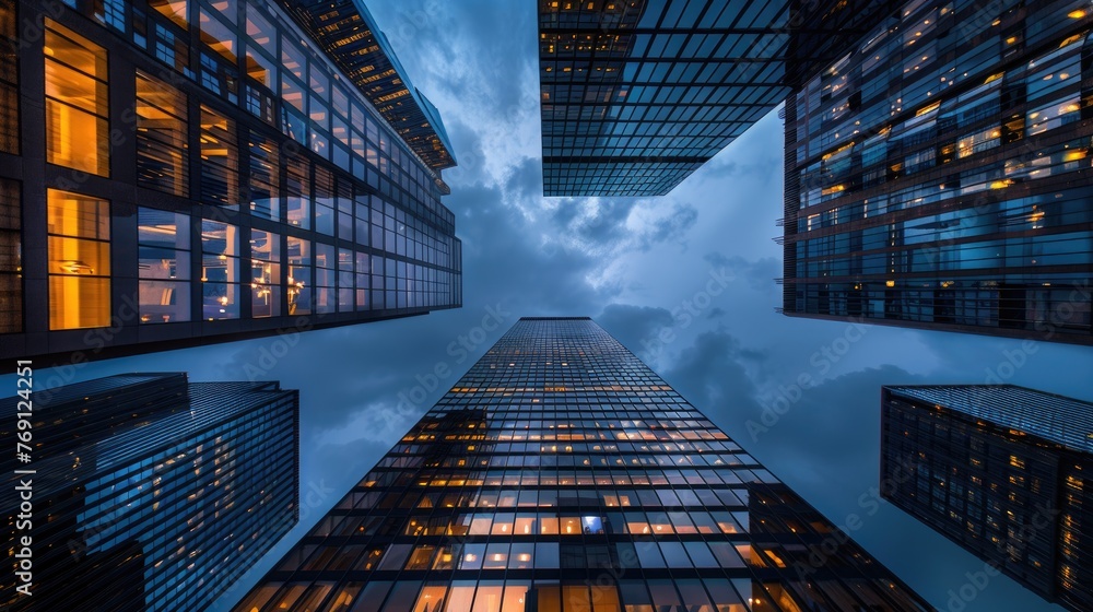 From below entrance of the office building next to contemporary high ...