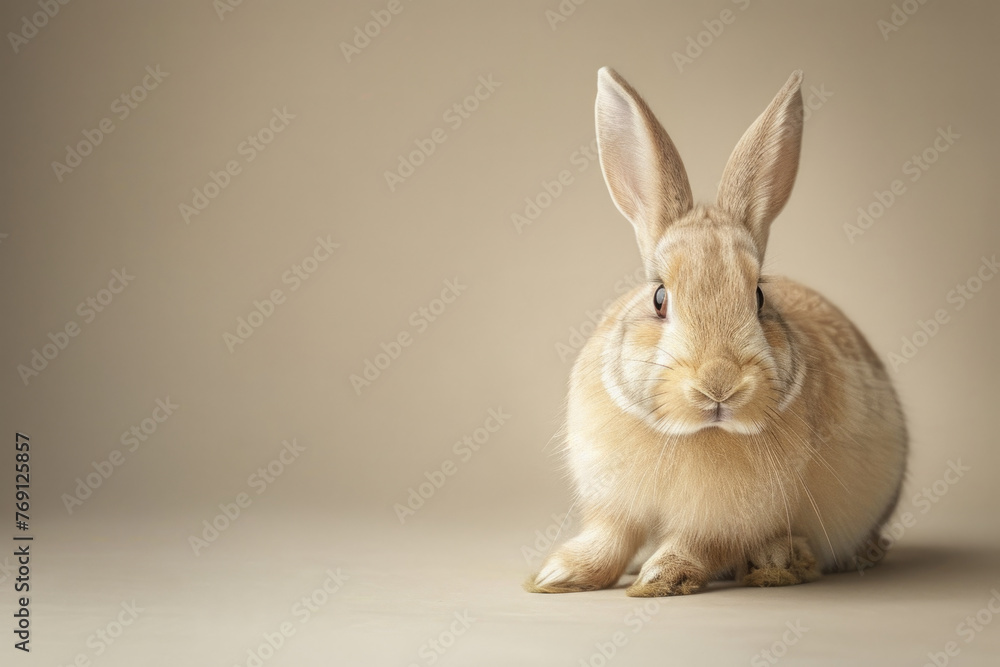 A purebred rabbit poses for a portrait in a studio with a solid color ...