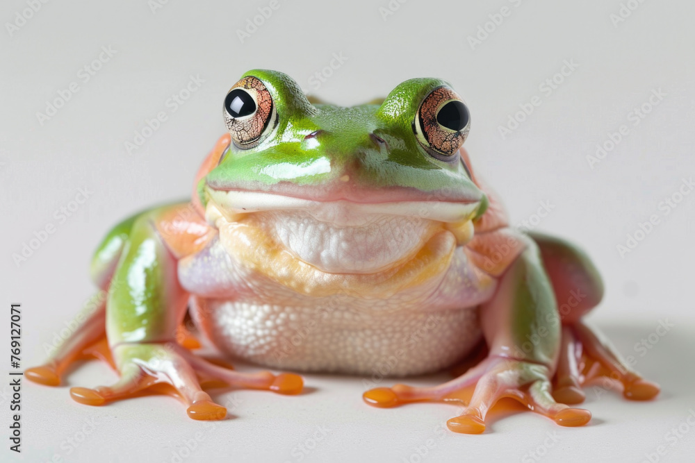 A frog poses for a portrait in a studio with a solid color background ...