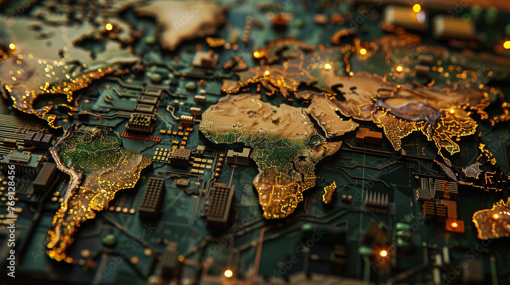 world map on a computer board. Continents motherboard for global ...