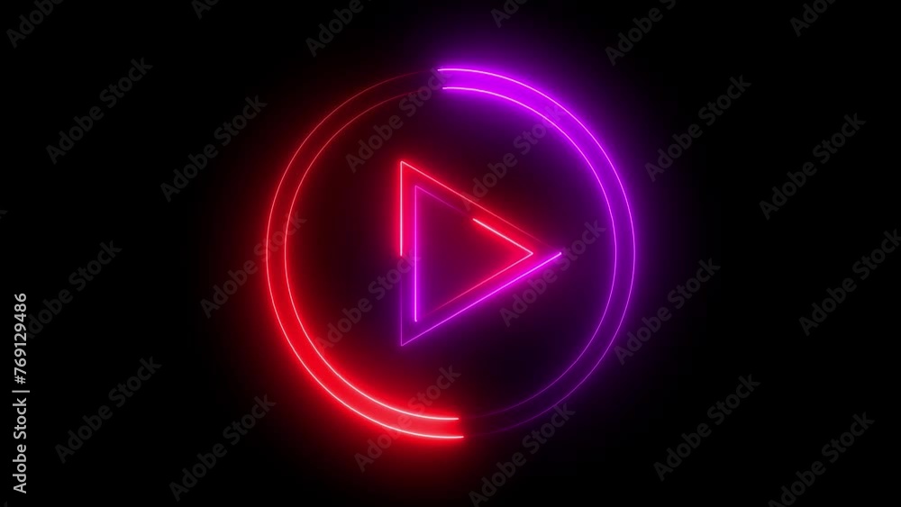 Neon glowing Play button animation on black background. Play button ...