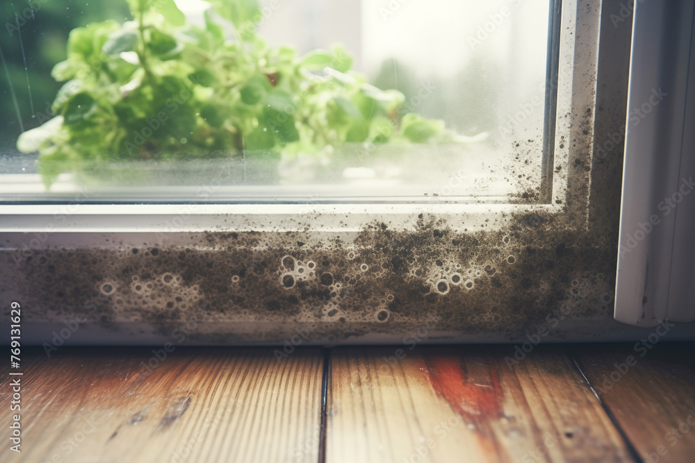 Close-up of a damp corner window sill, with black mold and fungus ...