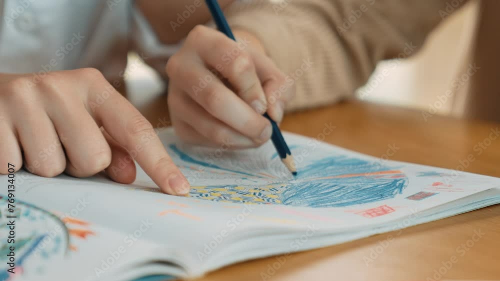 Panorama shot of diverse student hand drawing and coloring by using ...