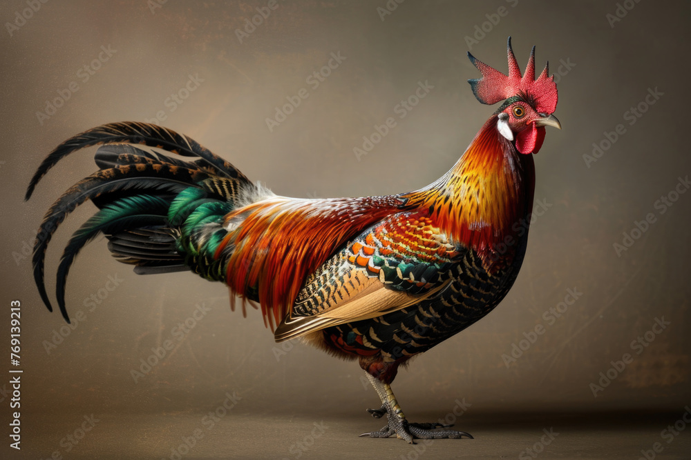 A purebred bird poses for a portrait in a studio with a solid color ...