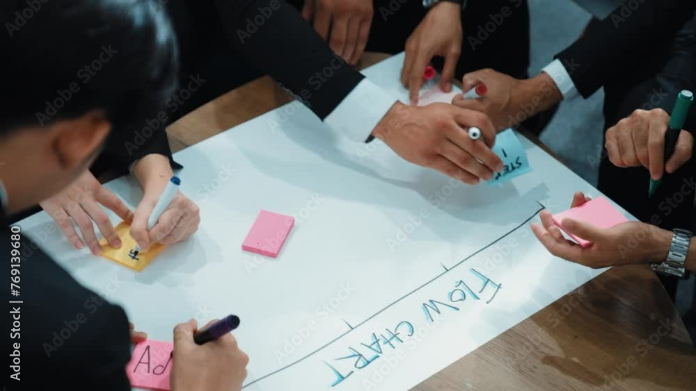 Close up of professional business team hands writing and putting sticky ...
