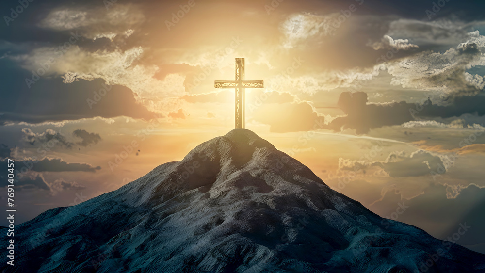 Golden cross on a mountain. Holy cross symbolizing the death and ...