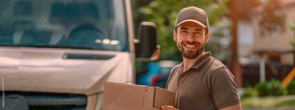 Delivery courier service. Delivery man in cap and uniform holding a ...