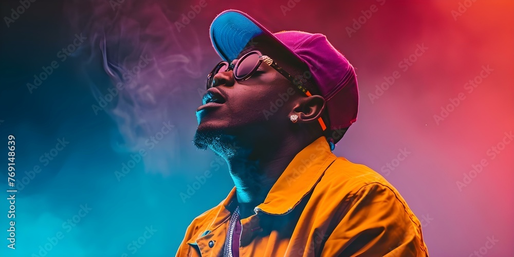 An African rapper in vibrant lights capturing his energy in a dynamic ...