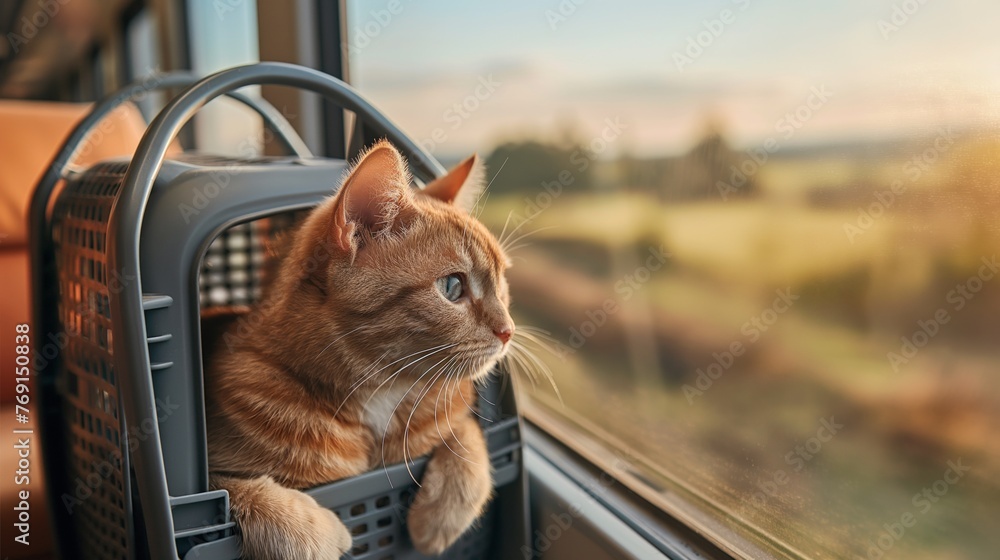 Ginger cat looks out the window from the safety of its carrier, taking ...
