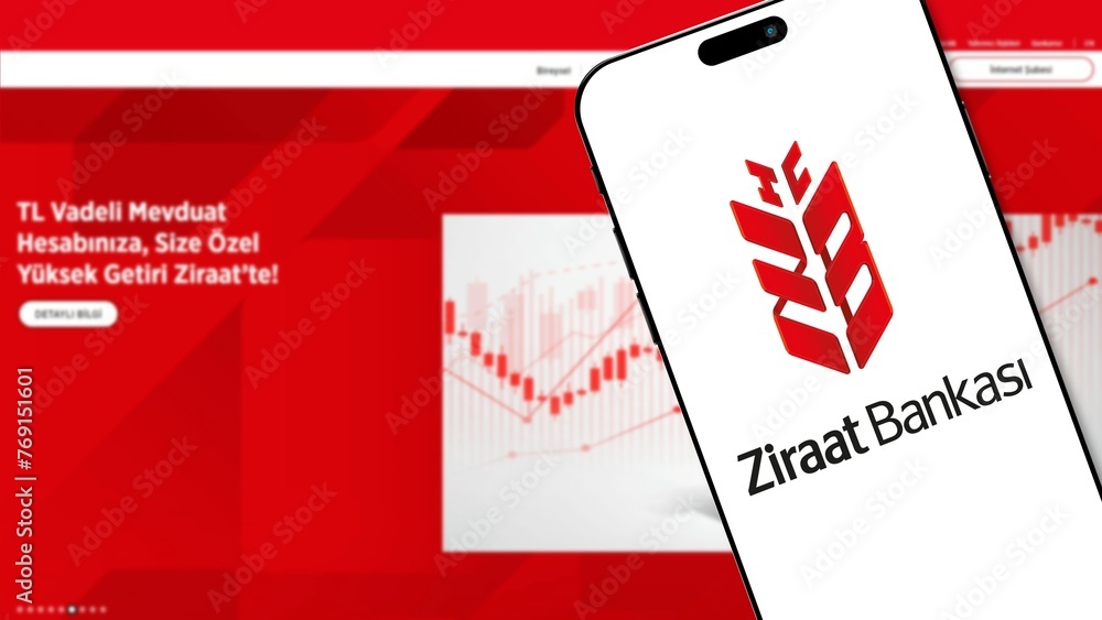 Istanbul, Turkey - 27 March 2024: Ziraat Bank logo on smartphone screen ...