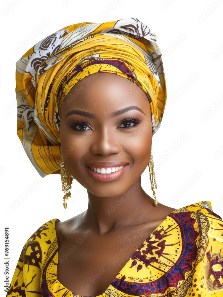 a portrait photo of beautiful smiling nigerian woman in a gele and buba ...
