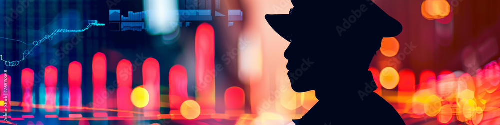 Silhouette of policeman's head and cap, with crime figures graph ...