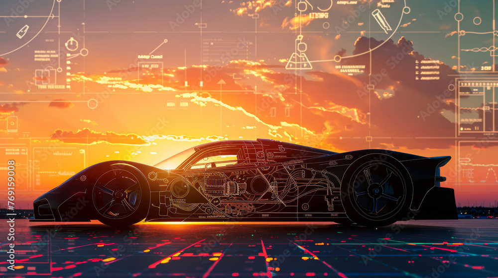 Prototype super car, double exposure overlay car and engine plan ...
