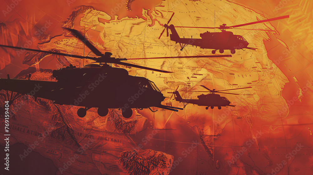 Silhouette of tanks soldier and troops carrying helicopters double ...