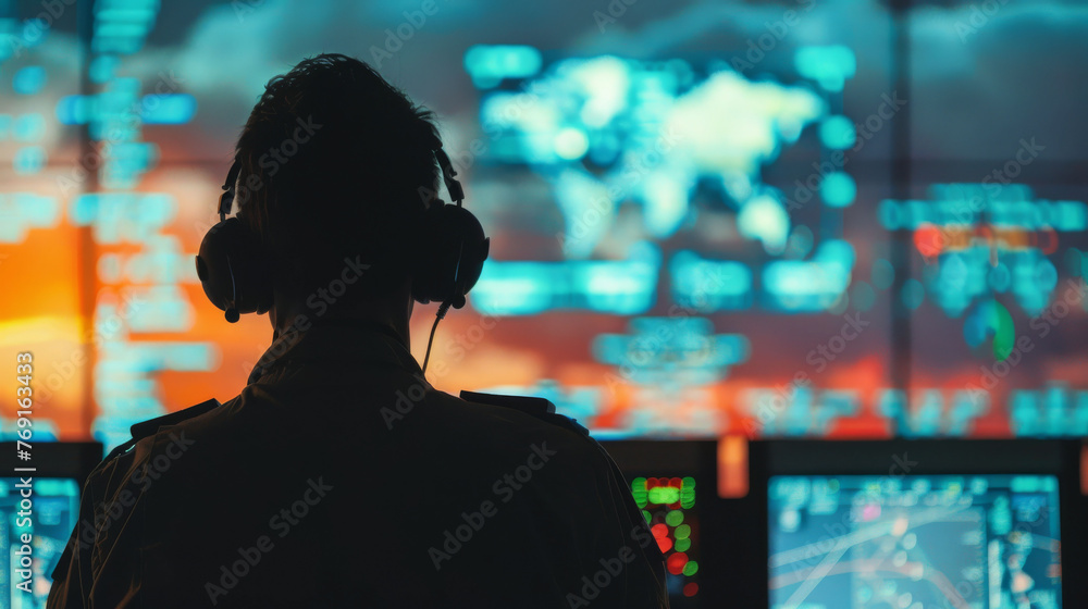 silhouette of a air traffic controller, Sunset background with an ...