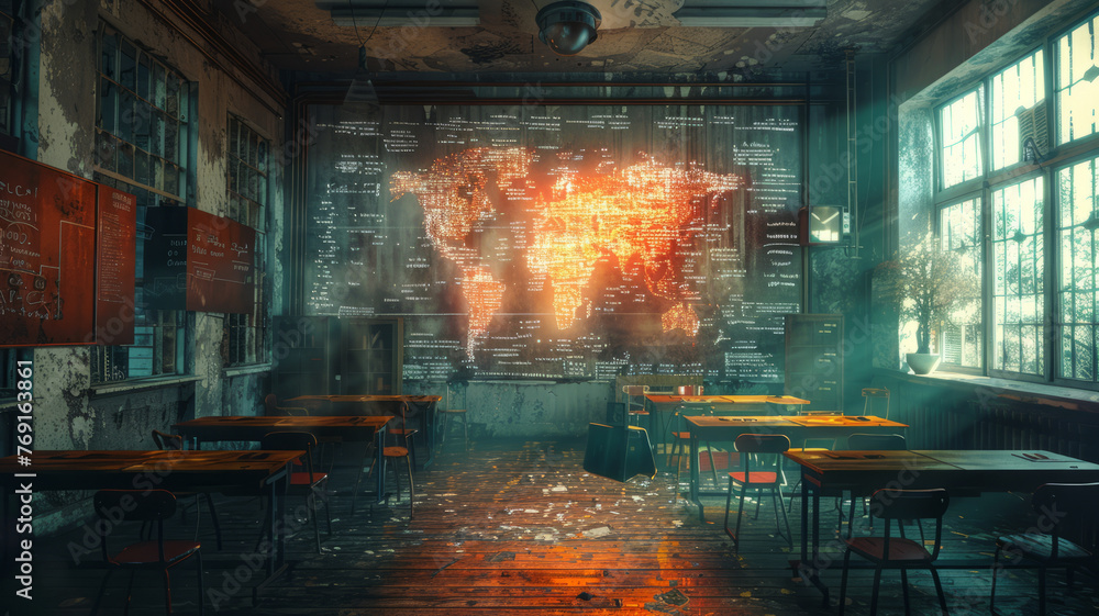 picture collage of classroom interior with school desks chair for ...