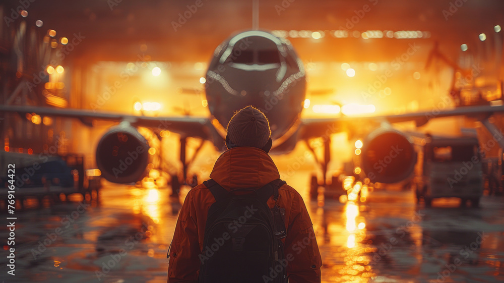 aircraft engineer fixing an airbus a320 at the hangar during sunset ...