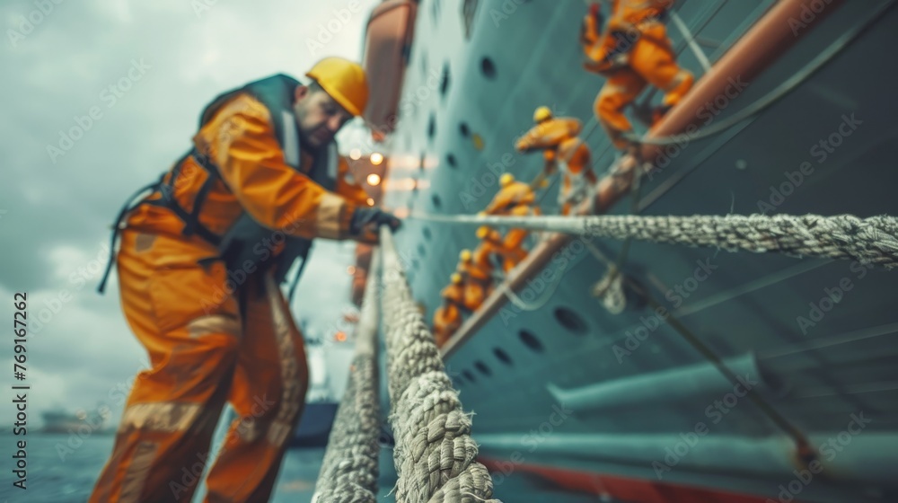Extreme close-up of crew members securing mooring lines as the cruise ...