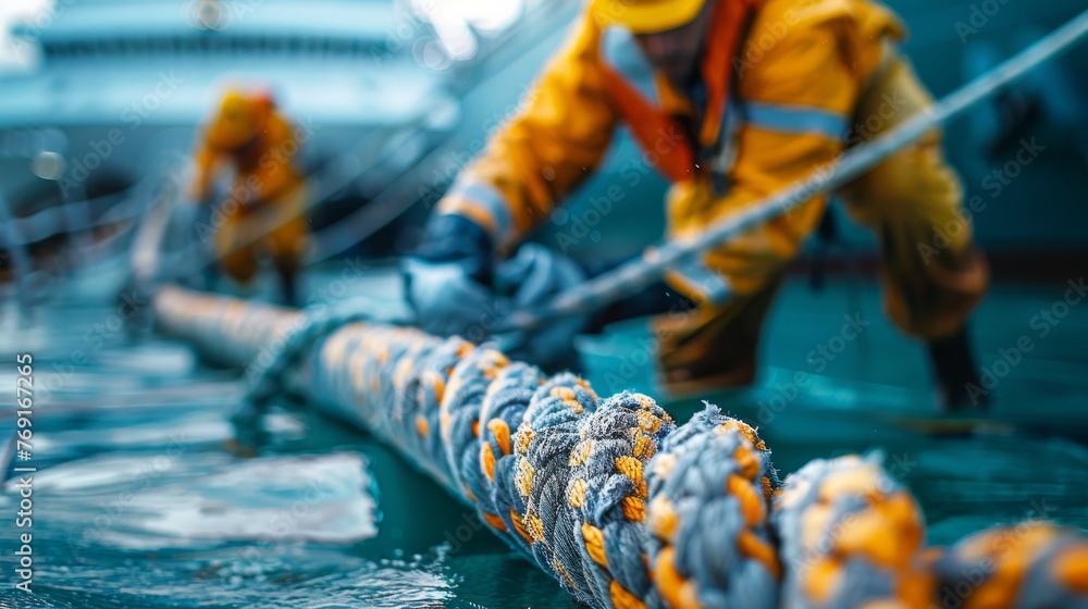 Intense extreme close-up of crew members working together to secure ...