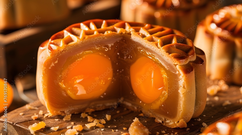 Mooncake cut in half showing traditional filling of lotus seed paste ...