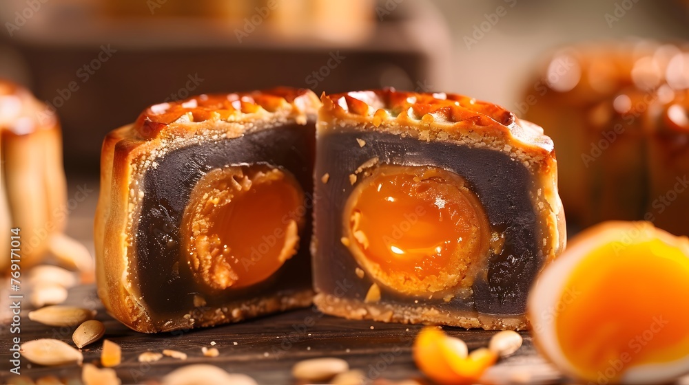 Mooncake cut in half showing traditional filling of lotus seed paste ...